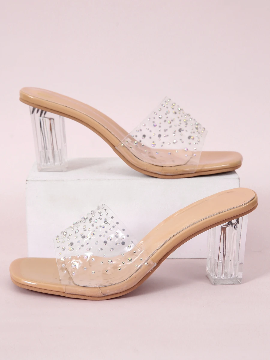 Clear Rhinestone Decor Chunky Heeled Mules | SHEIN USA