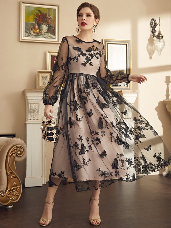 Floral Print Mesh Overlay A-line Dress | SHEIN USA