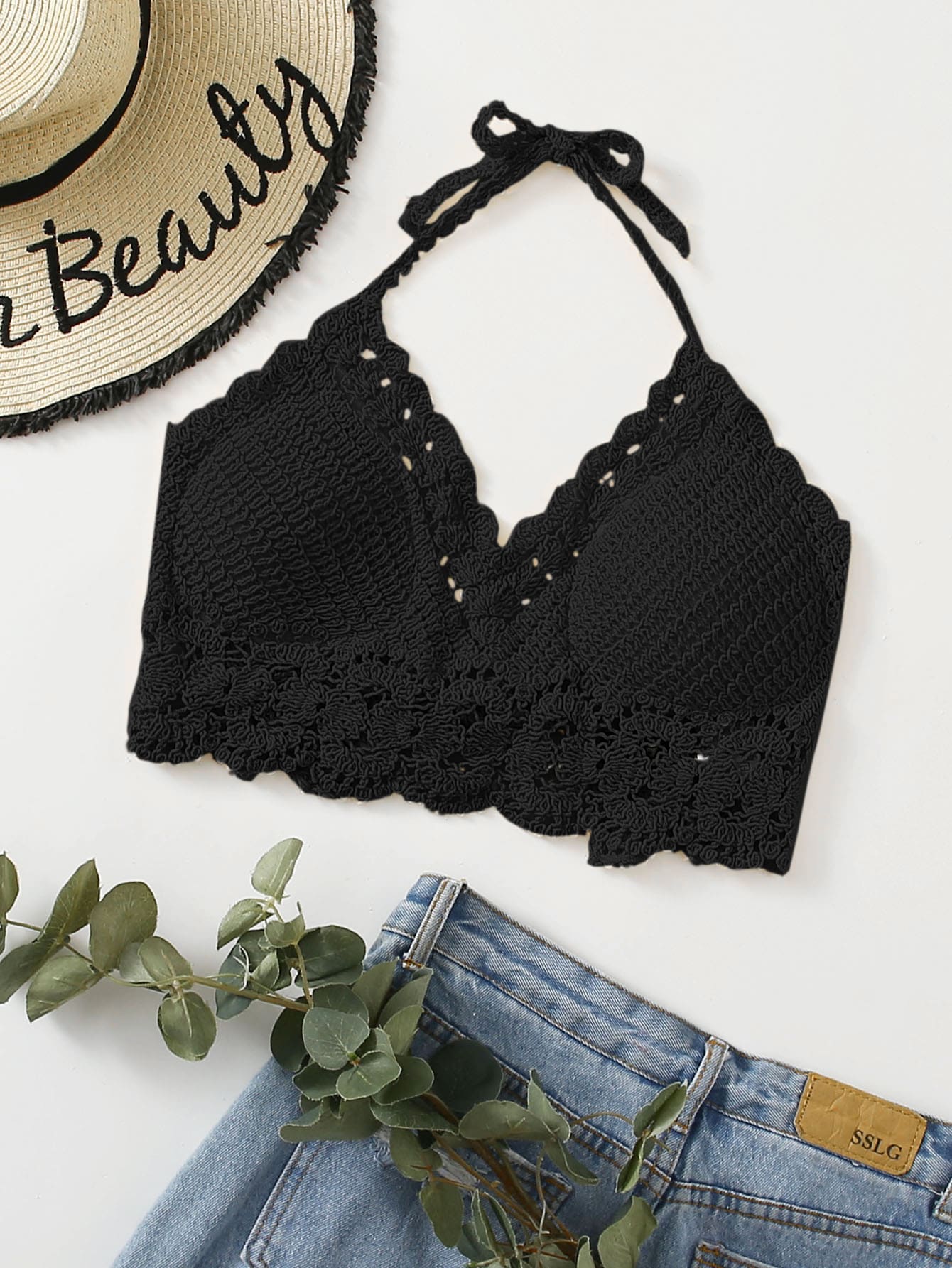 SHEIN Swim Summer Beach Tied Backless Crochet Bikini Top | SHEIN USA