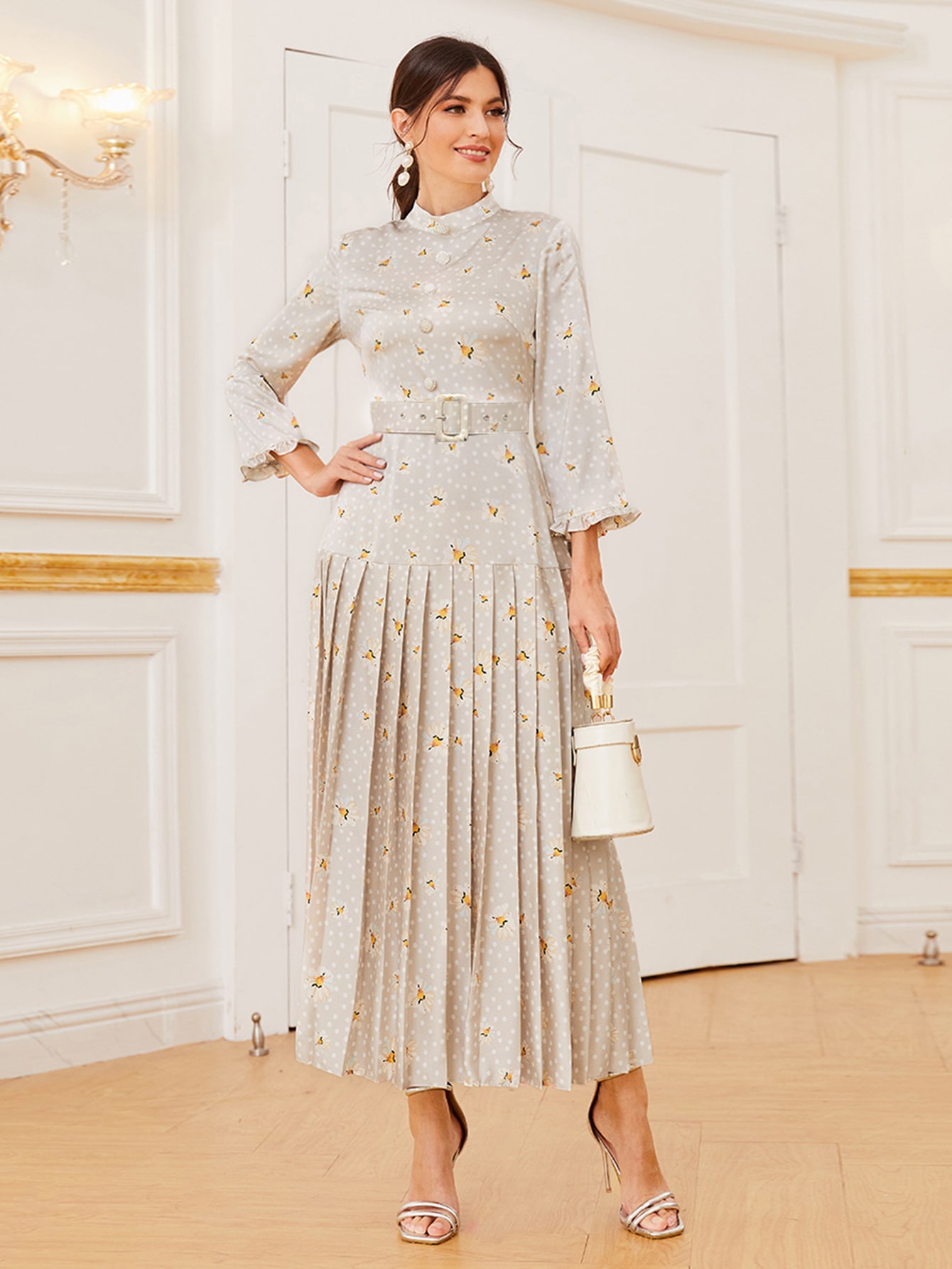 SHEIN Modely Polka Dot & Floral Print Flounce Sleeve Pleated Hem Buckle Belted Dress | SHEIN USA