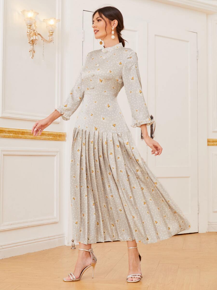 SHEIN Modely Polka Dot & Floral Print Flounce Sleeve Pleated Hem Buckle Belted Dress | SHEIN USA