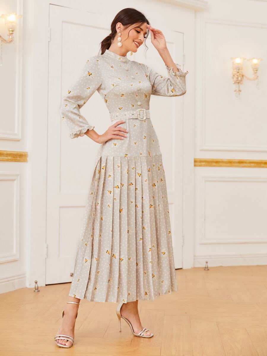 SHEIN Modely Polka Dot & Floral Print Flounce Sleeve Pleated Hem Buckle Belted Dress | SHEIN USA