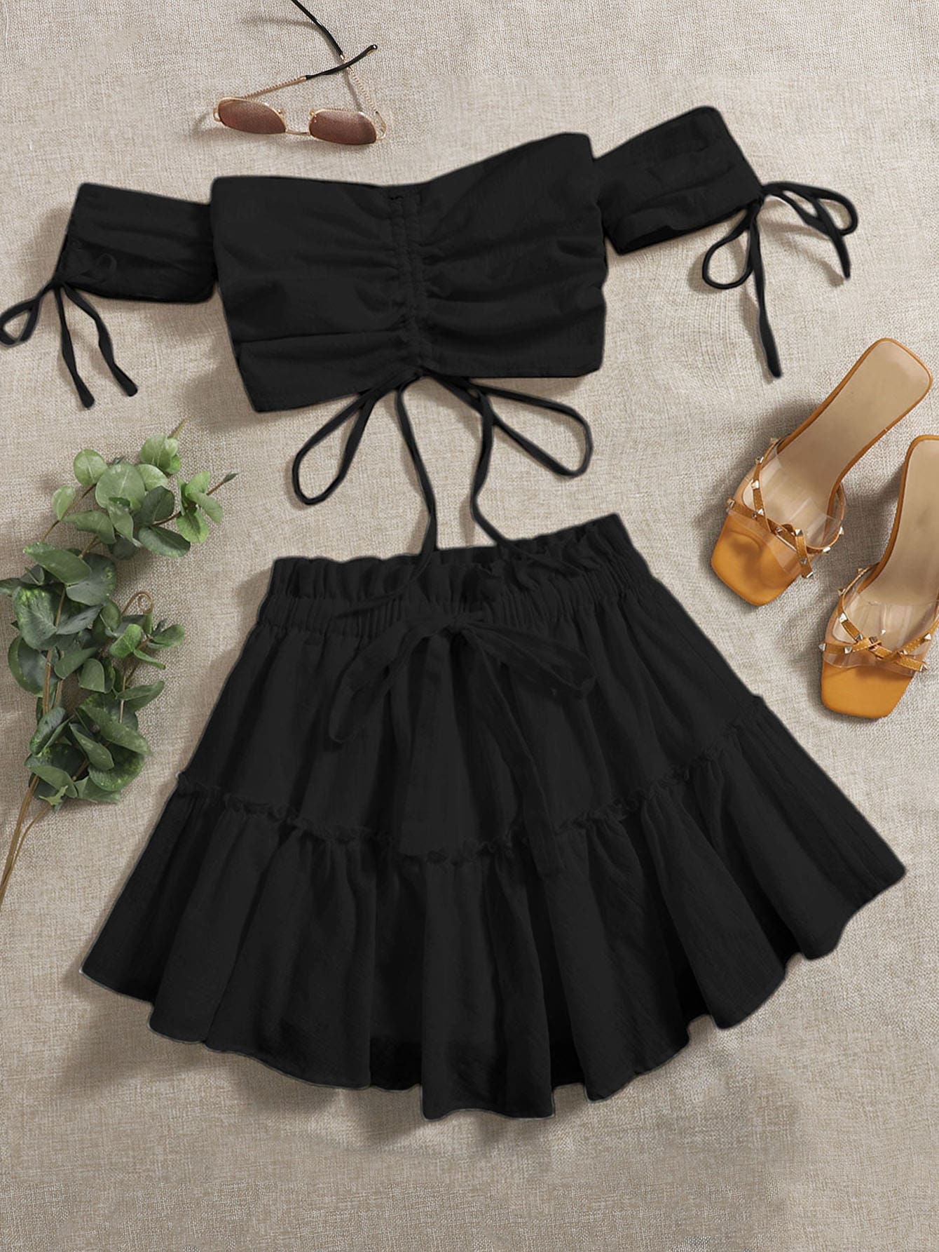 Shein Wywh Off Shoulder Drawstring Knot Ruched Front Shirred Back Top 