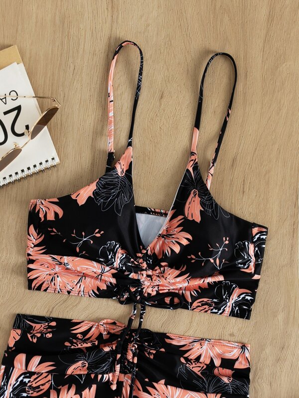 Tropical Tankini Set Drawstring Front Cami Top & V-Waist Shorts Bottom ...