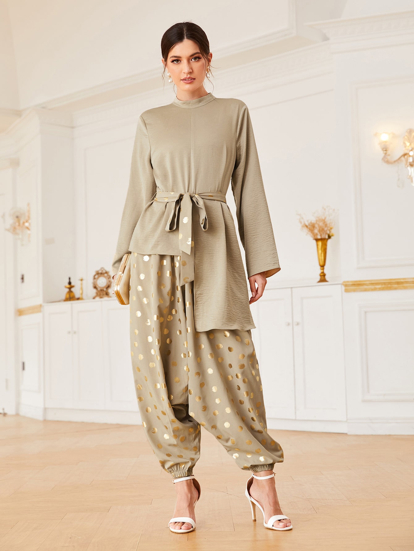 SHEIN Mulvari Bell Sleeve Stepped Hem Belted Top & Gold Polka Dot ...