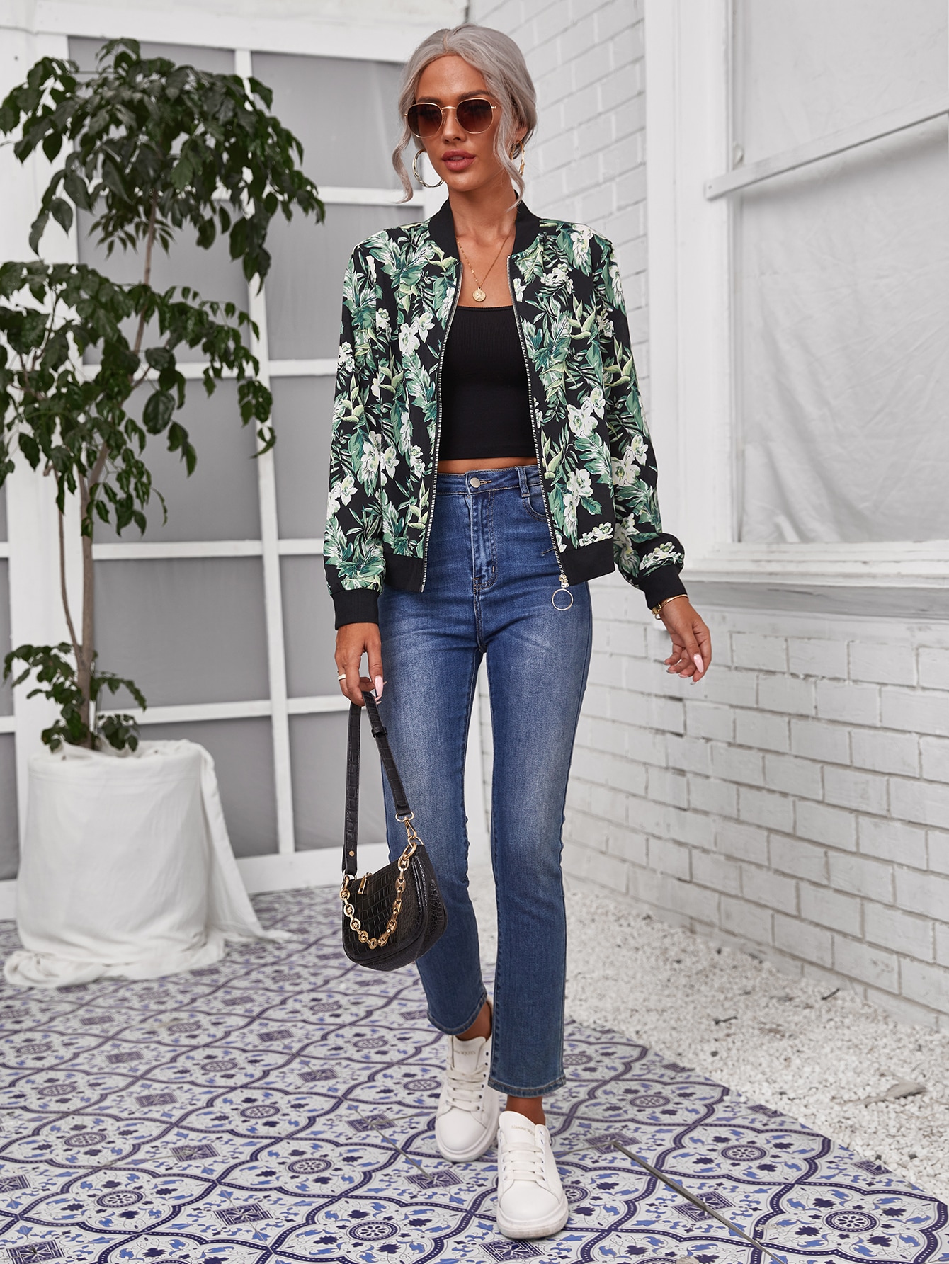 SHEIN LUNE O-ring Zipper Tropical Print Bomber Jacket | SHEIN USA