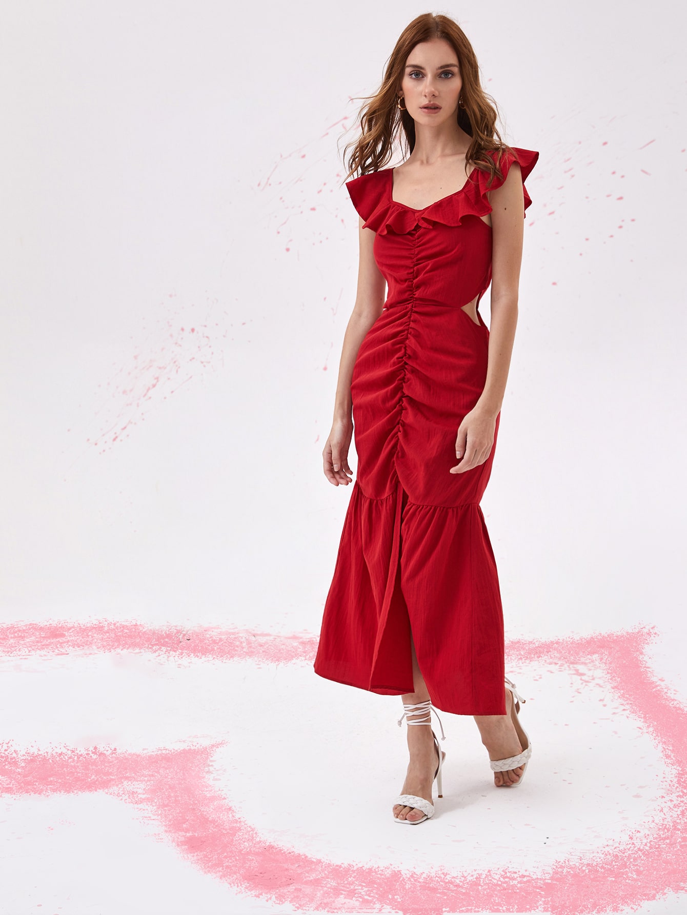 SHEIN Frenchy Cut Out Waist Ruched Ruffle Hem Dress | SHEIN UK