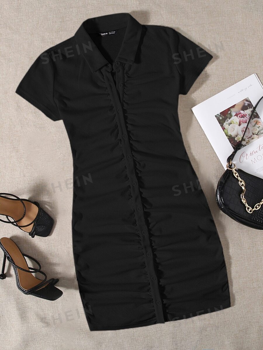 Shein Ezwear Collared Buttoned Front Rib Knit Dress Shein Uk