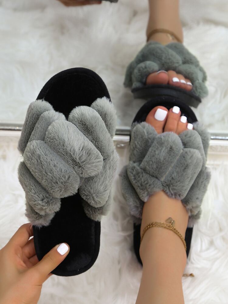 Fluffy Open Toe Slippers Black Hatchill, 60% OFF