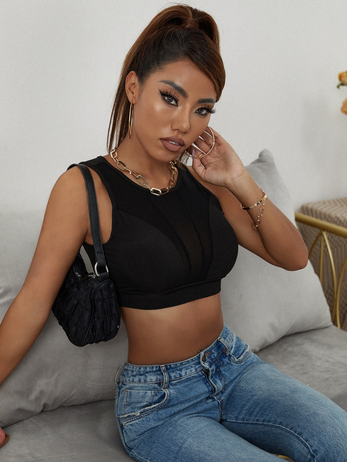 Sheer Mesh Insert Crop Tank Top Shein Usa