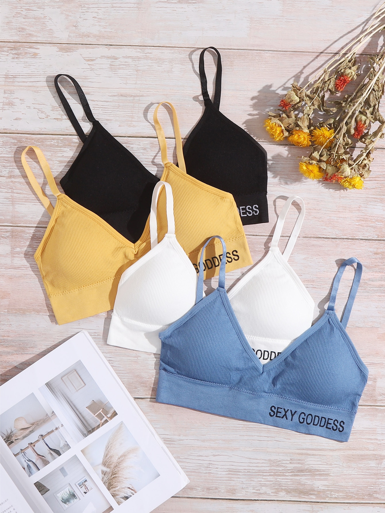 4pack Letter Graphic Rib Bra Set