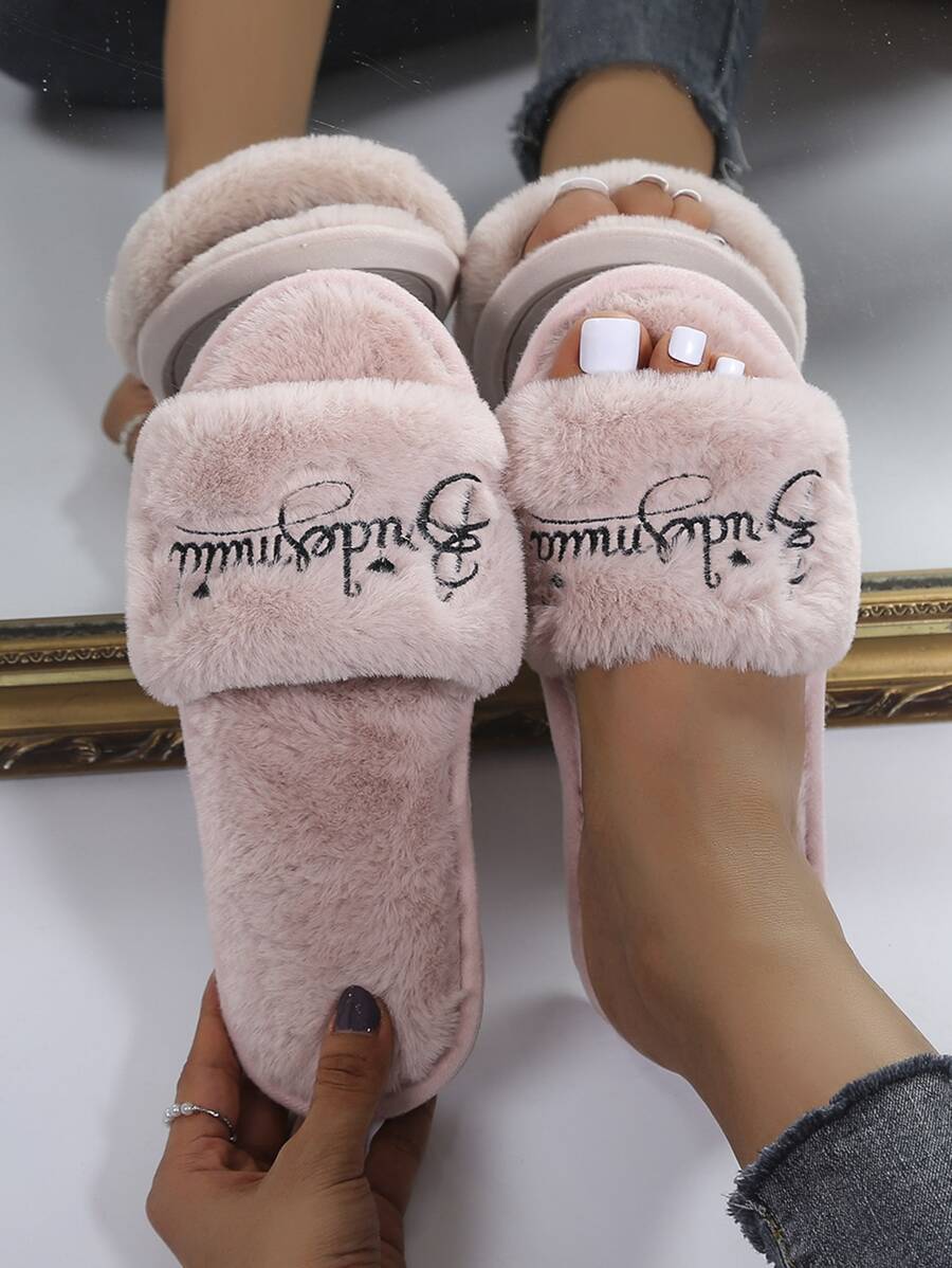 Letter Embroidered Fluffy Slippers, Pink Embroidered Letter Women's ...