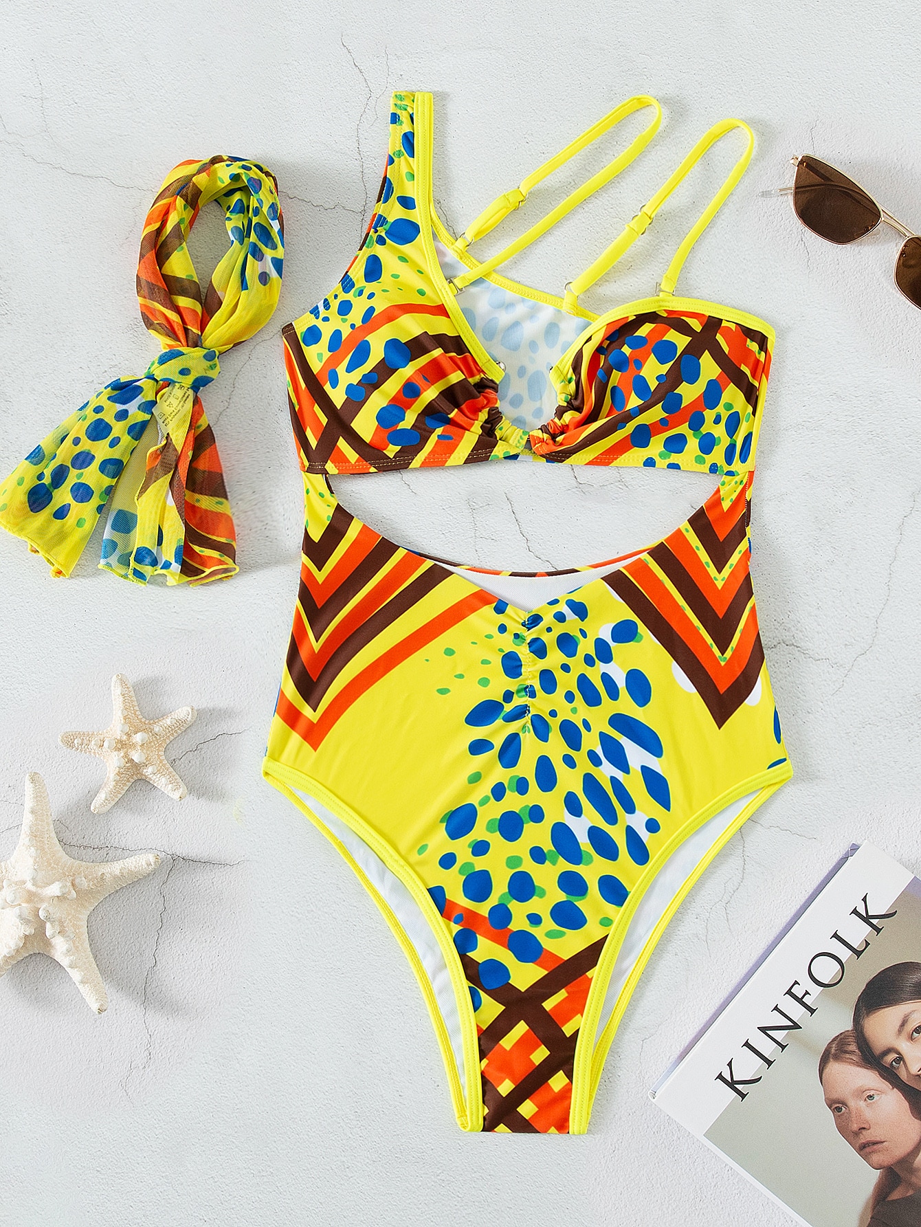 Shein Swim Bohofeel Allover Print Cut Out One Piece Swimsuit With