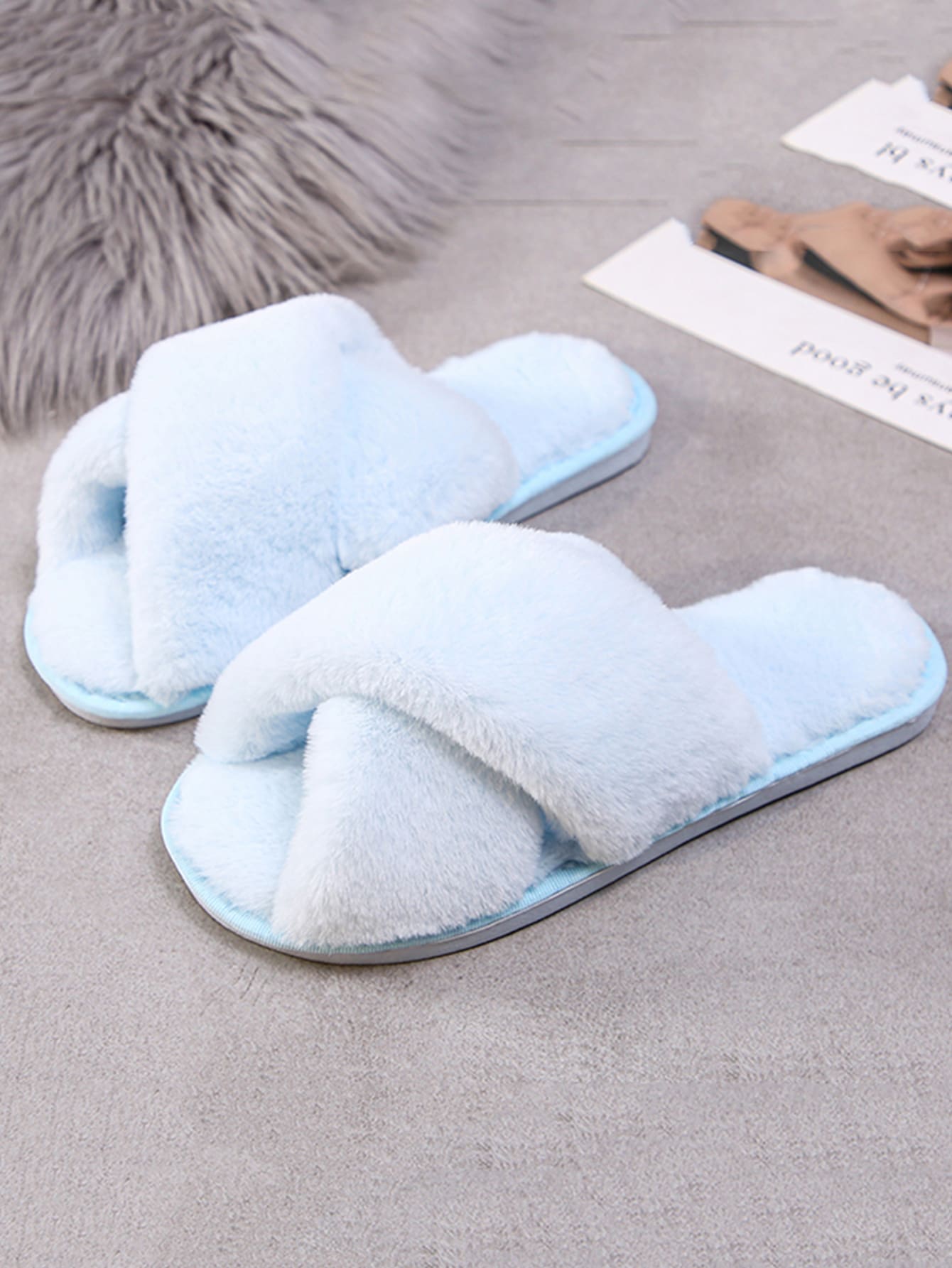 Cross Strap Fluffy Slippers