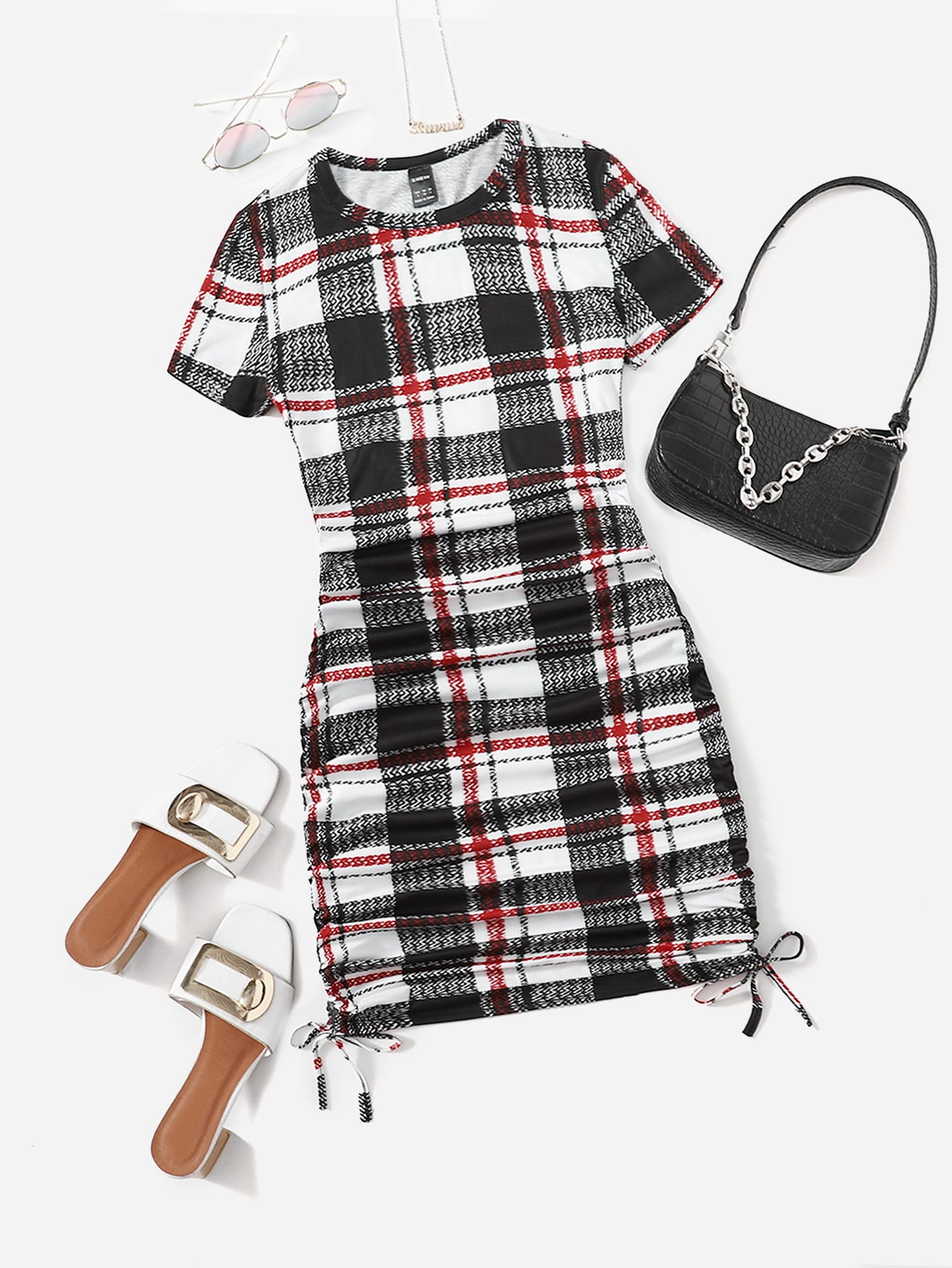 SHEIN Tartan Drawstring Hem Dress