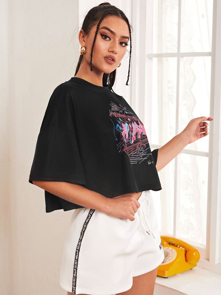 SHEIN EZwear Slogan and Figure Graphic Crop Top | SHEIN UK
