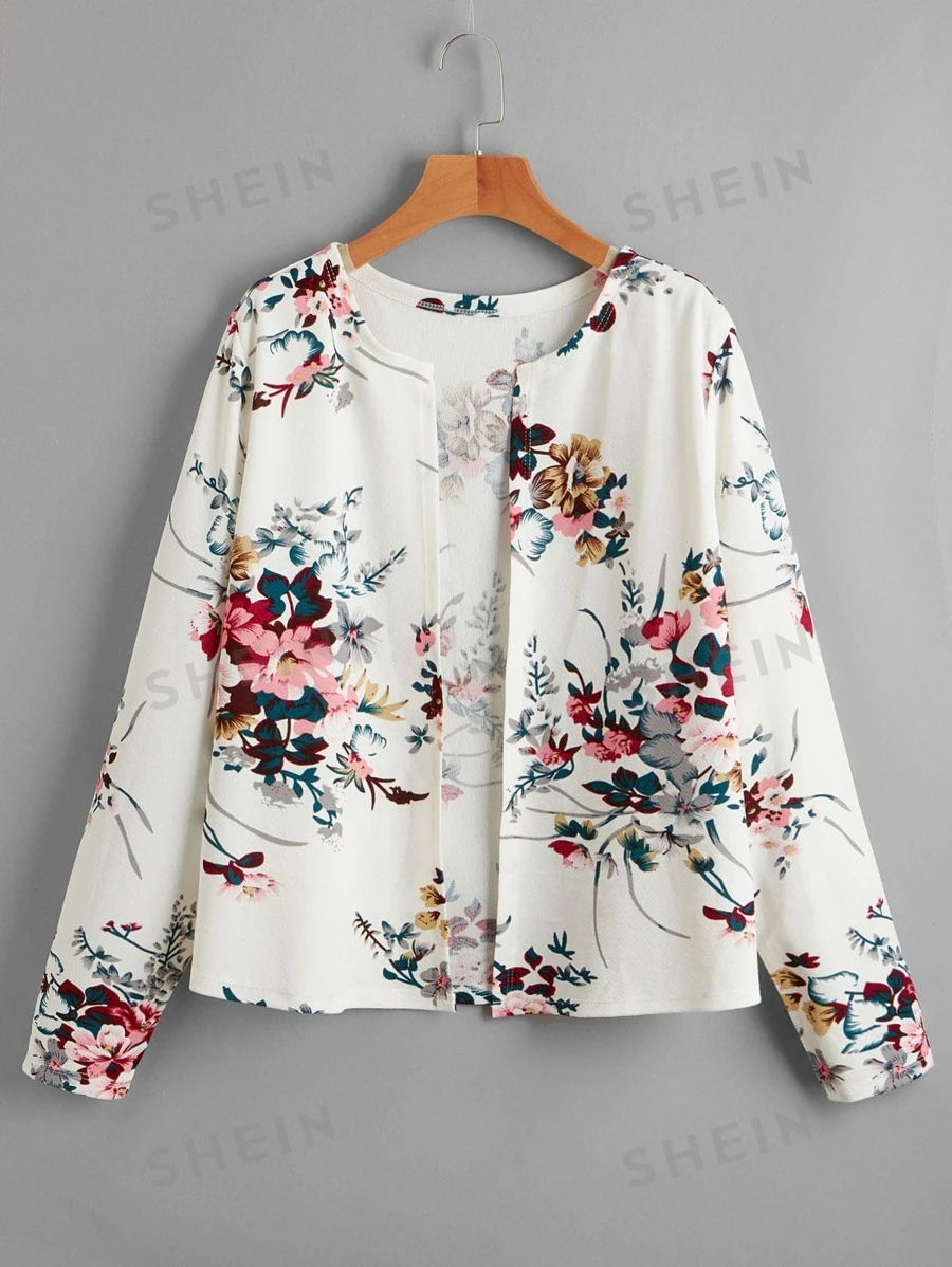 SHEIN Clasi Plus Allover Floral Open Front Jacket | SHEIN UK