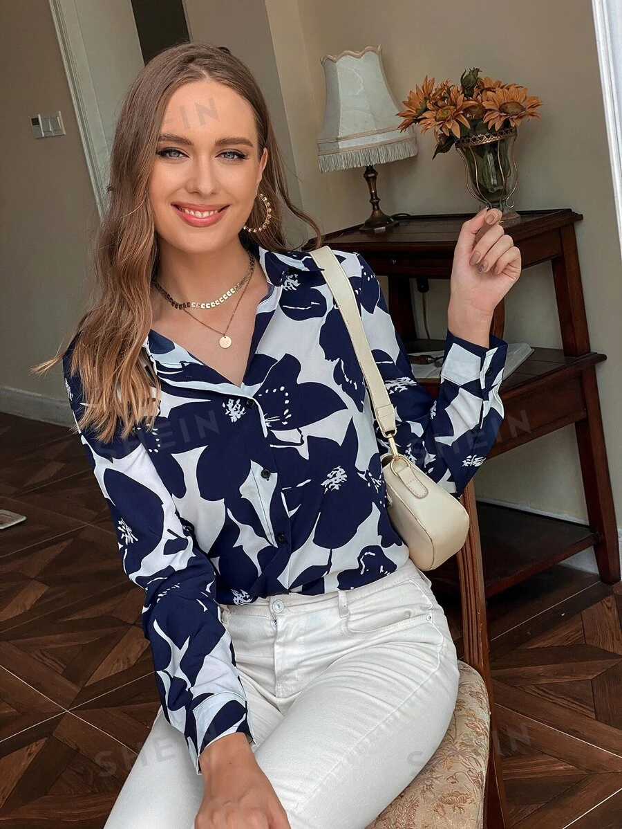 SHEIN VCAY Allover Floral Print Button Through Shirt | SHEIN UK