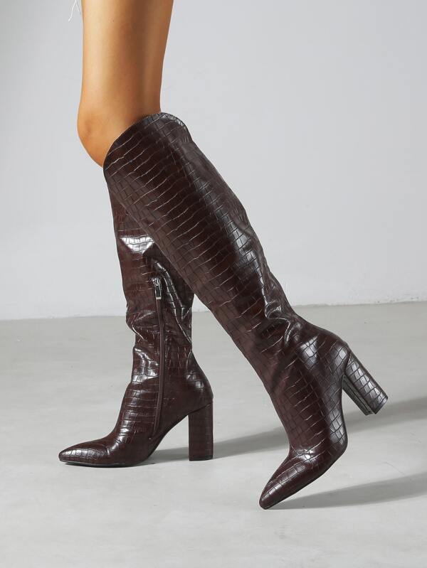 Croc Embossed Point Toe Chunky Boots | SHEIN USA