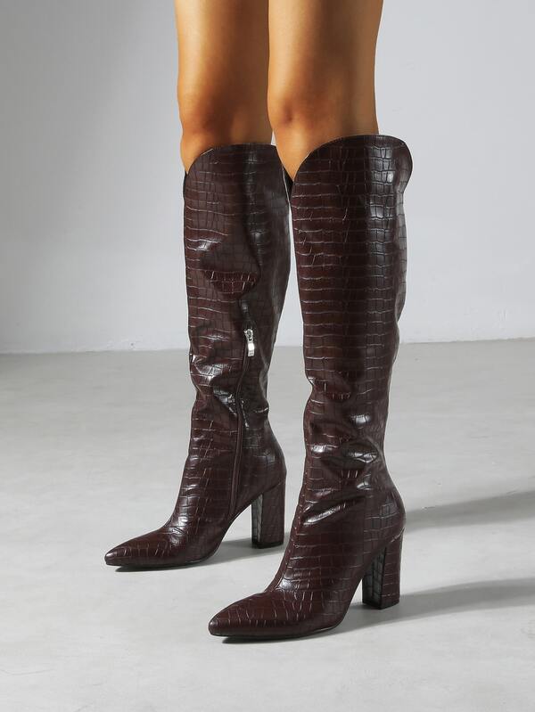 Croc Embossed Point Toe Chunky Boots | SHEIN USA