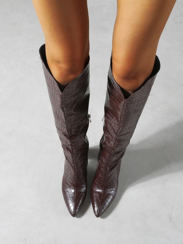 Croc Embossed Point Toe Chunky Boots | SHEIN USA