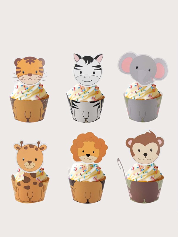 6pcs Paper Cake Wrapper & Topper, Cute Cartoon Animal Design Cake ...