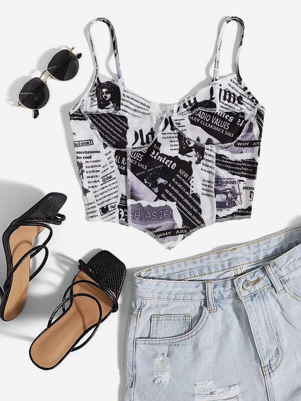 Shein Newspaper Print Bustier Cami Top Shein In
