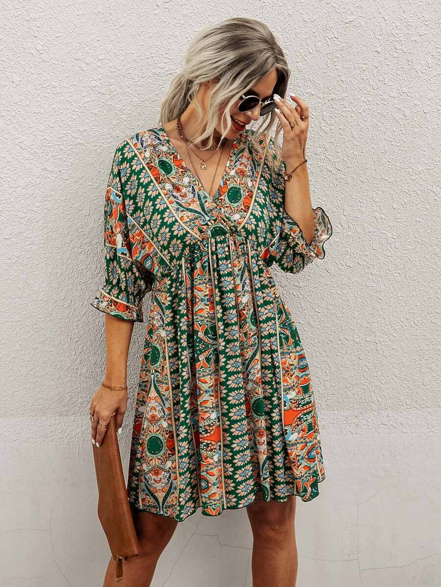 SHEIN VCAY All Over Print Wrap Neck Tie Back Dress Boho Dress | SHEIN UK