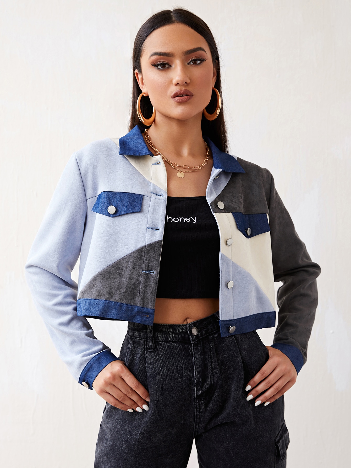 SHEIN Color Block Button Up Crop Jacket