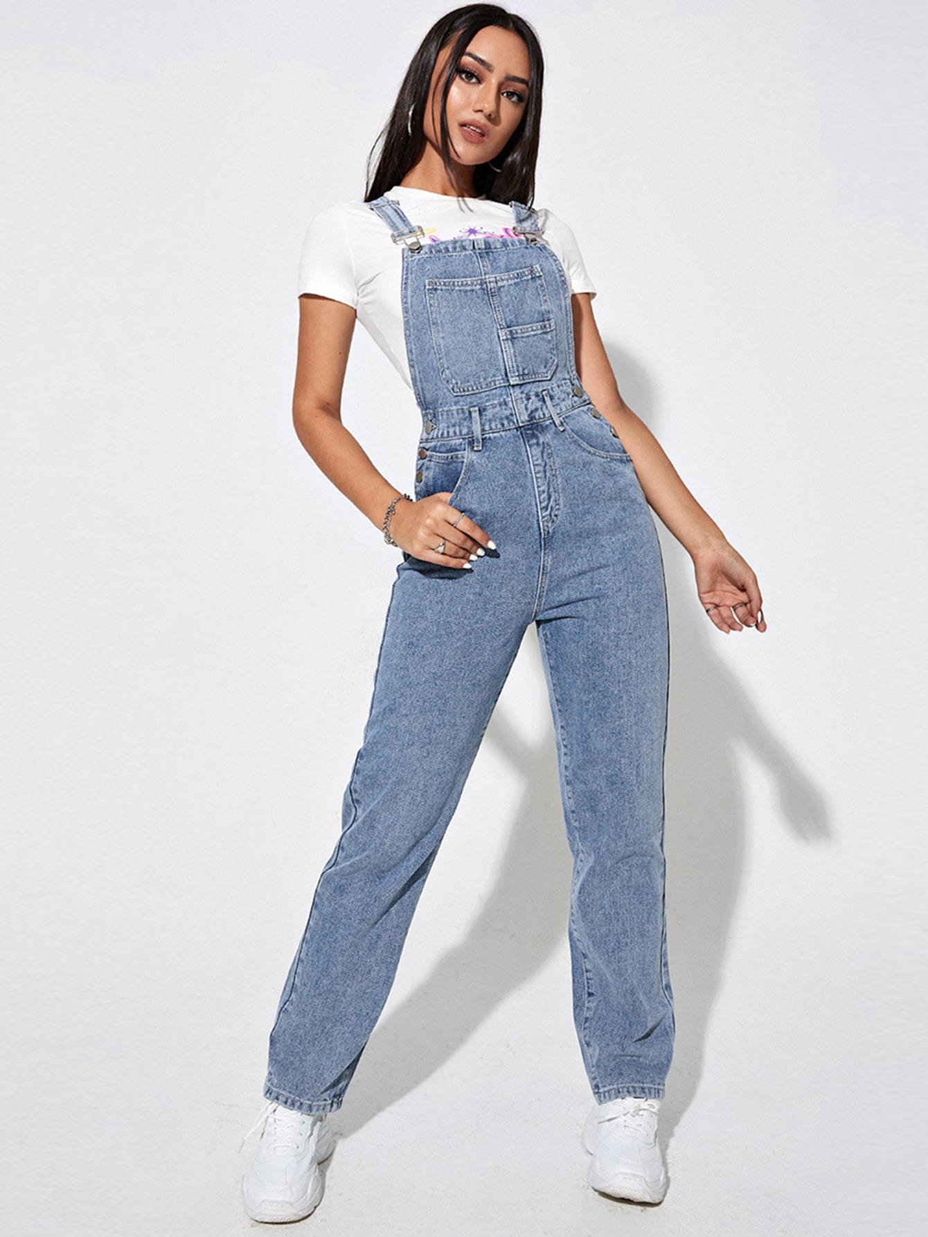 Solid Slant Pocket Denim Overalls
