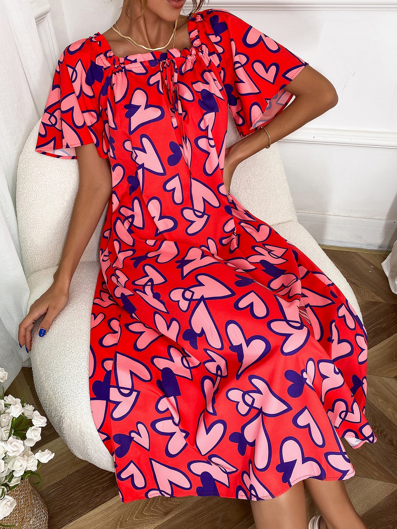 Allover Heart Print Tunic Dress