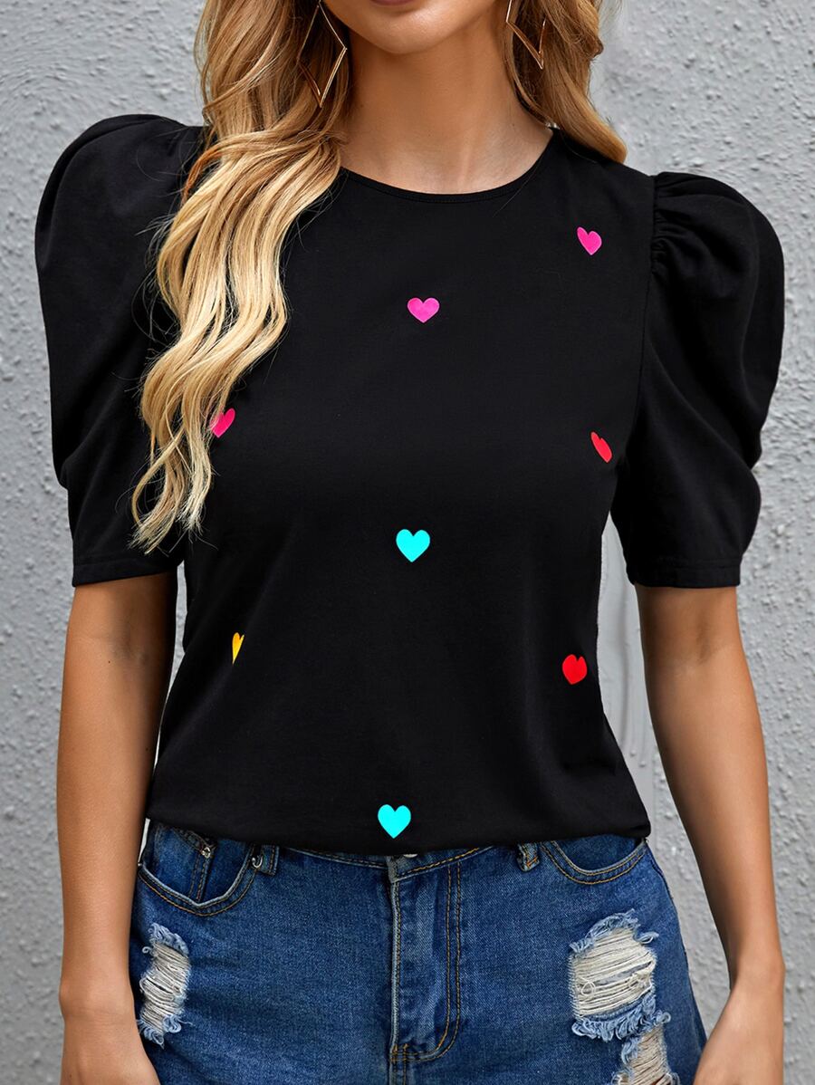 SHEIN LUNE Puff Sleeve Heart Top | SHEIN USA