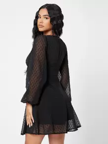 SHEIN PETITE Ruched Bust Lantern Sleeve Swiss Dot Dress | SHEIN USA