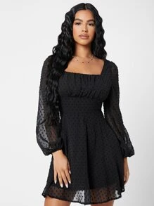 SHEIN PETITE Ruched Bust Lantern Sleeve Swiss Dot Dress | SHEIN USA