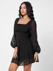 SHEIN PETITE Ruched Bust Lantern Sleeve Swiss Dot Dress | SHEIN USA