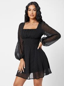 SHEIN PETITE Ruched Bust Lantern Sleeve Swiss Dot Dress | SHEIN USA
