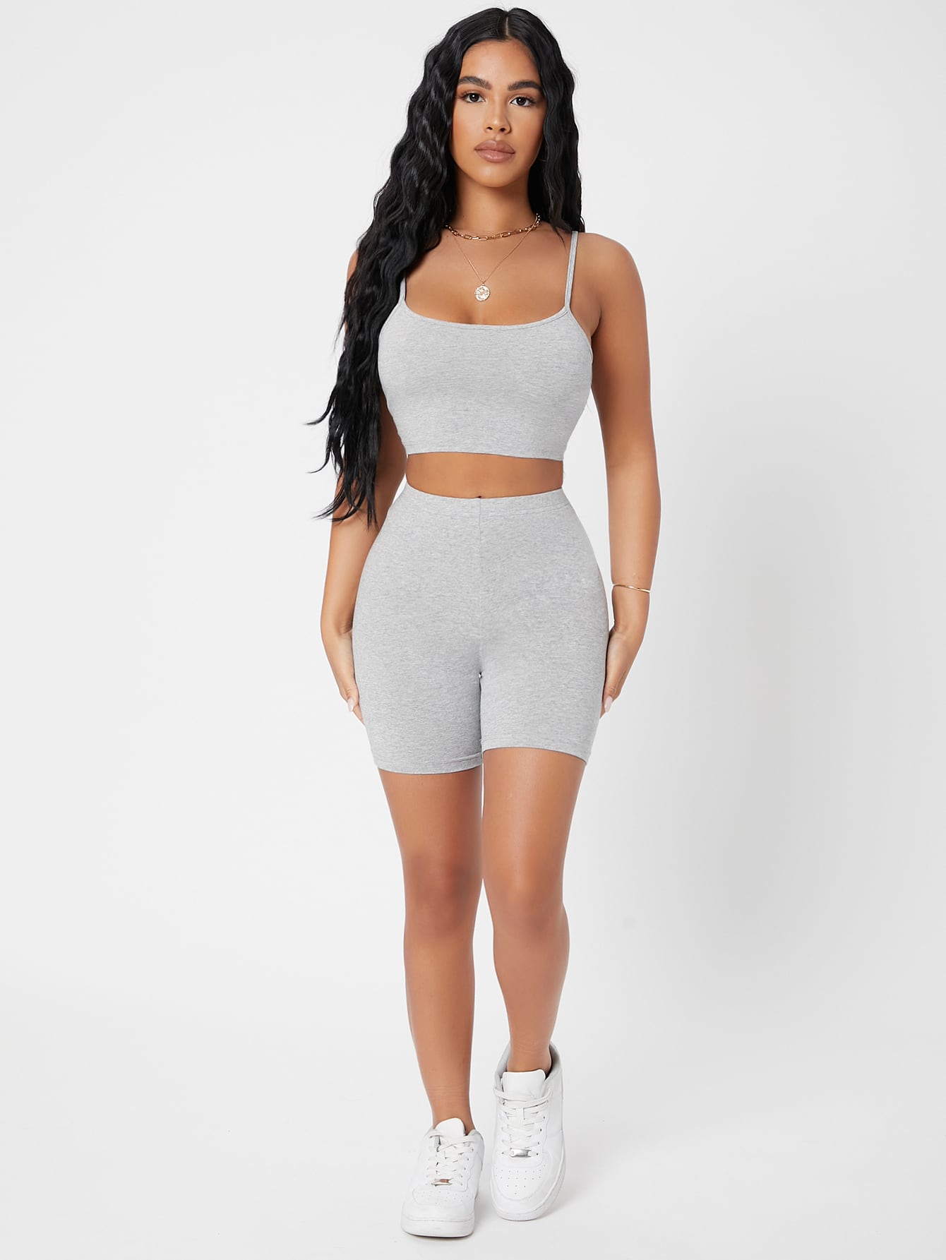SHEIN PETITE Marled Knit Cami Top And Cycling Shorts Set | SHEIN UK