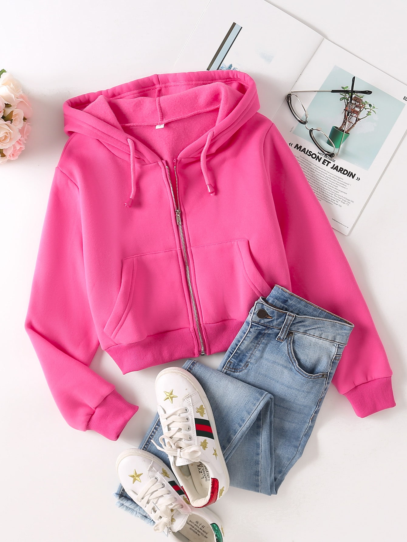 Pocket Front Zip Up Drawstring Crop Hoodie
