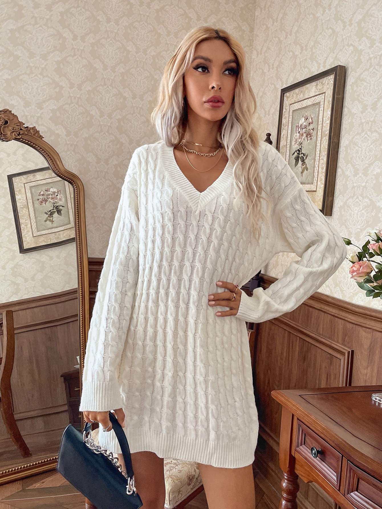 V Neck Cable Knit Sweater Dress | SHEIN USA