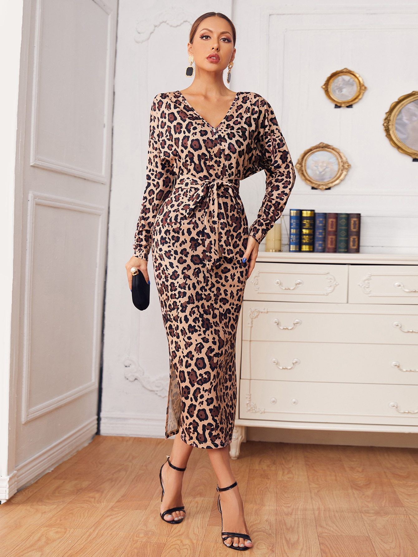 SHEIN Leopard Print Slit Hem Belted Dress | SHEIN UK