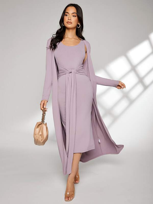 SHEIN Modely Solid Rib Self Belted Dress & Coat | SHEIN USA