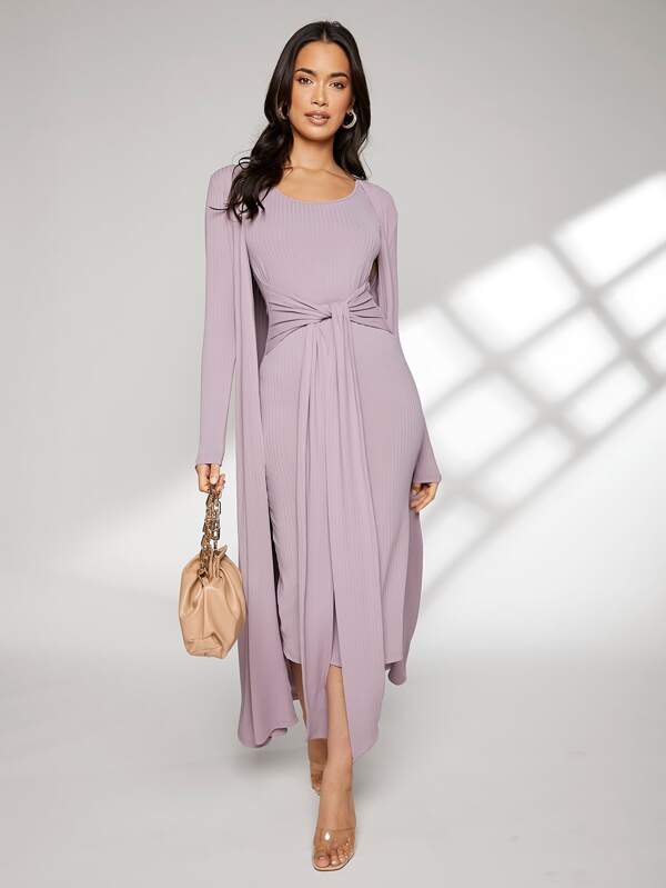 SHEIN Modely Solid Rib Self Belted Dress & Coat | SHEIN USA