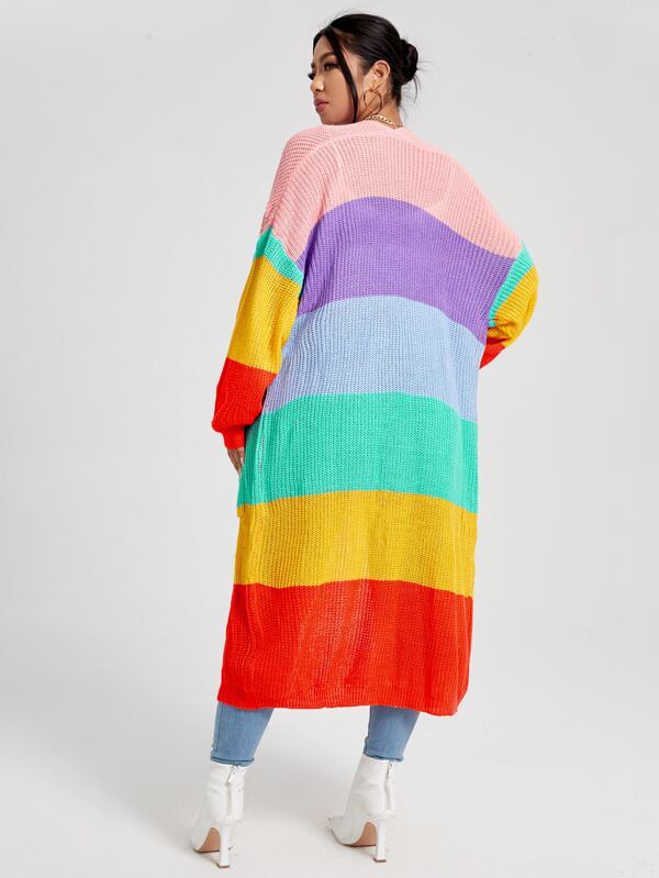 SHEIN Qutie Plus Rainbow Striped Pattern Dual Pockets Cardigan | SHEIN UK