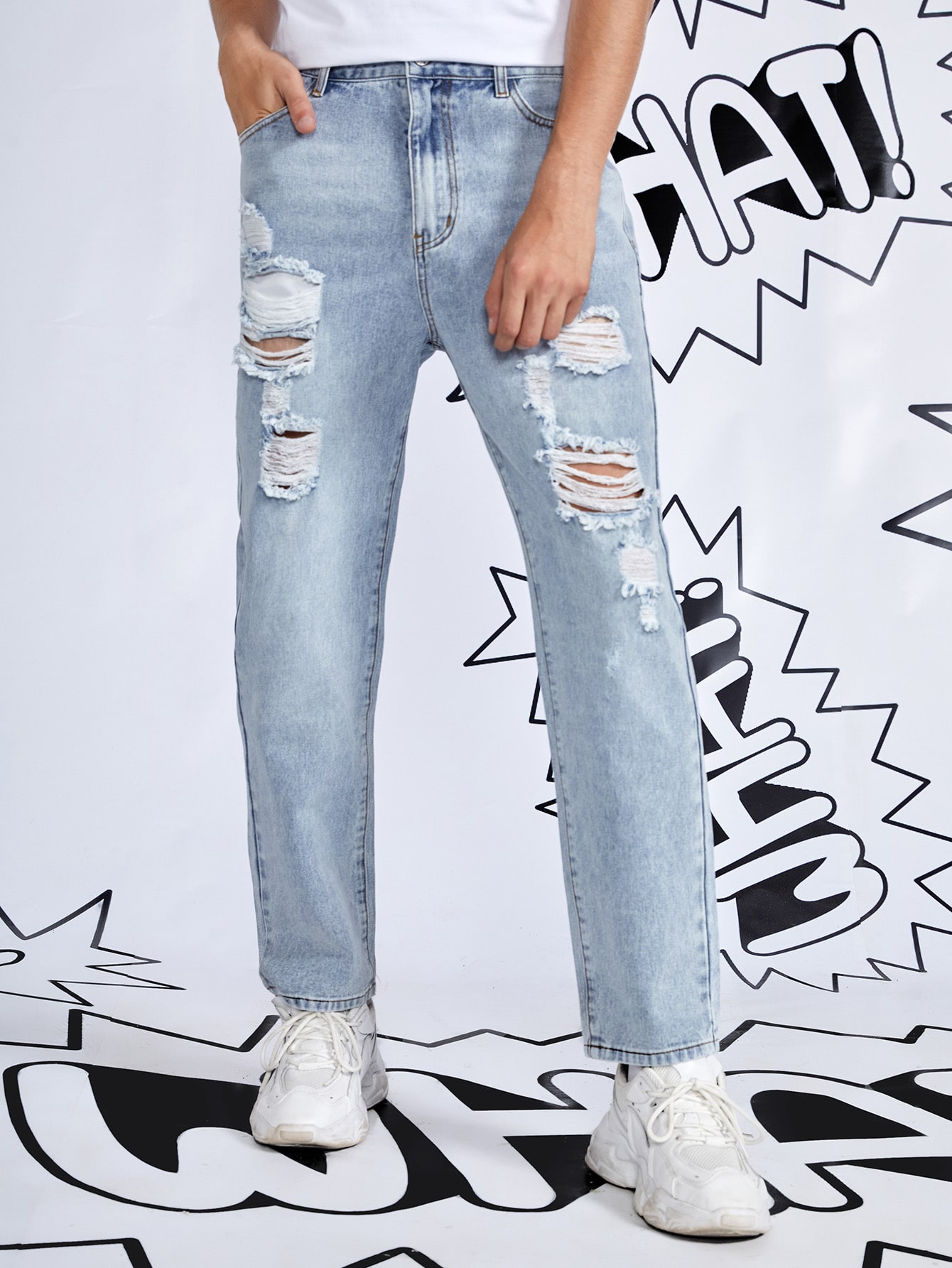Men Zipper Fly Ripped Jeans