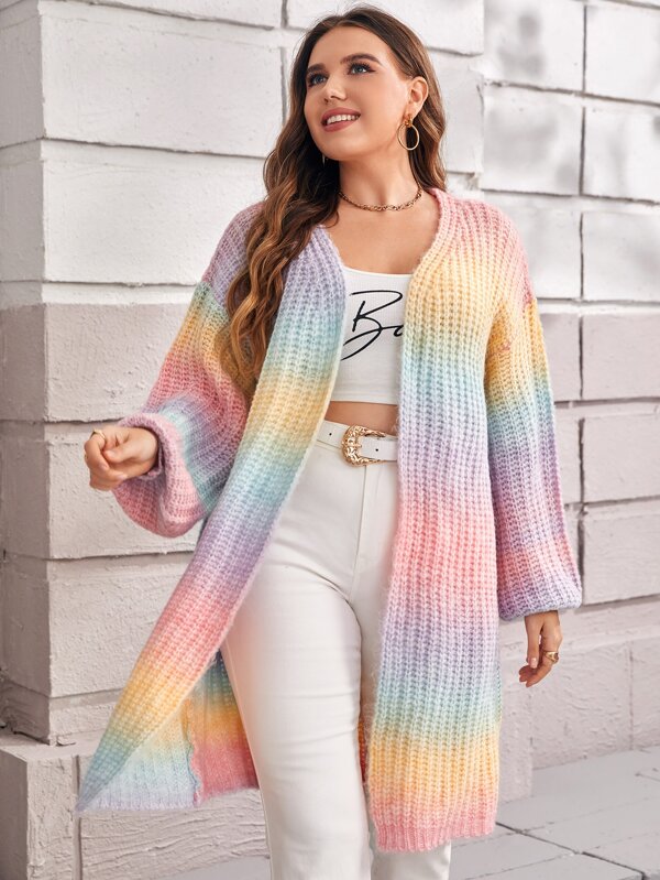 Plus Ombre Pattern Drop Shoulder Ribbed Knit Cardigan | SHEIN USA