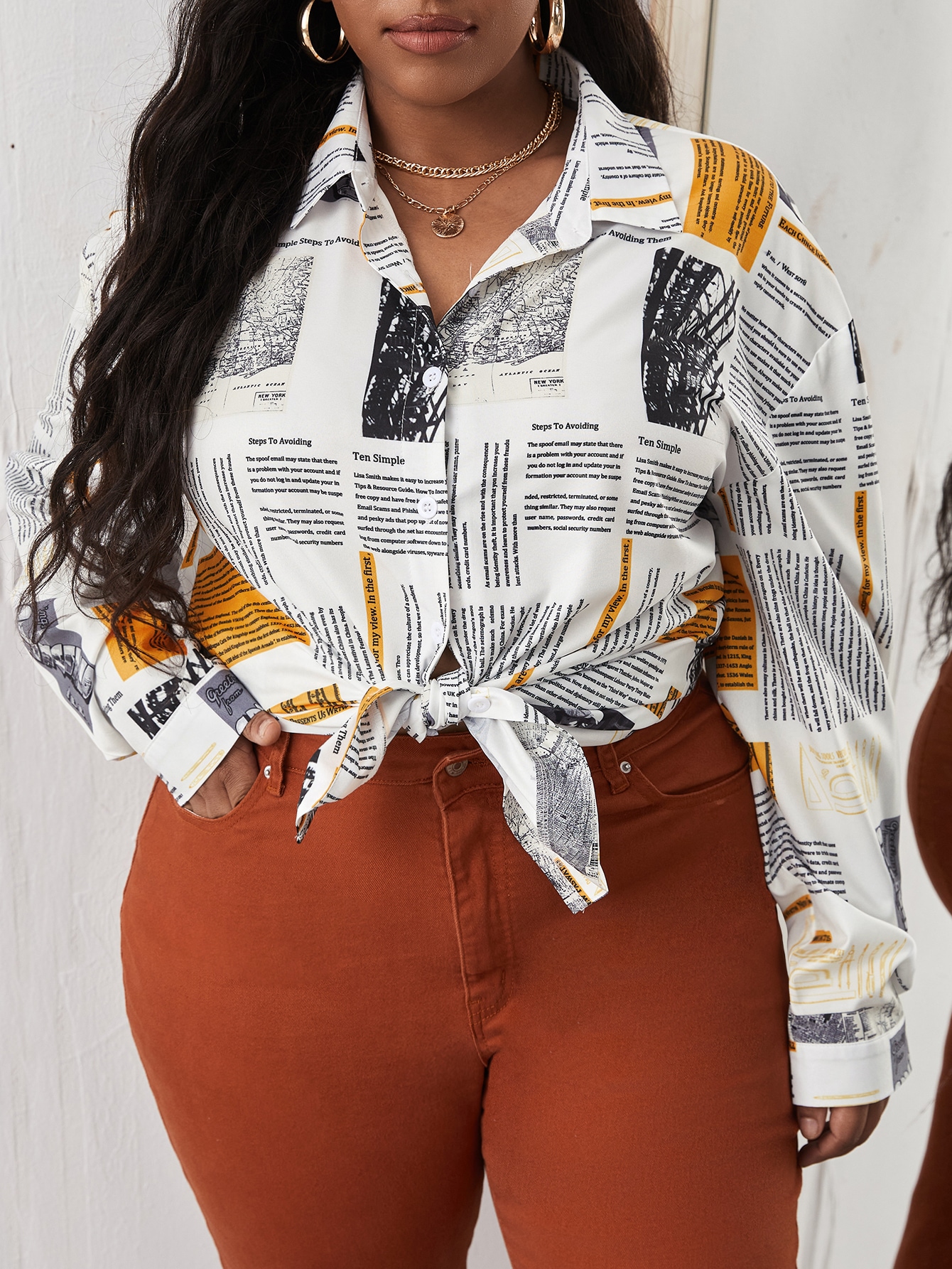 Plus Newspaper Print Button Front Drop Shoulder Blouse