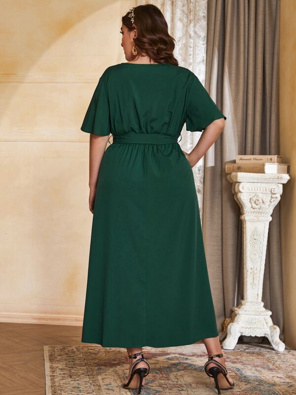 Plus Surplice Neck Flutter Sleeve Belted Dress | SHEIN USA