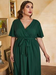 Plus Surplice Neck Flutter Sleeve Belted Dress | SHEIN USA