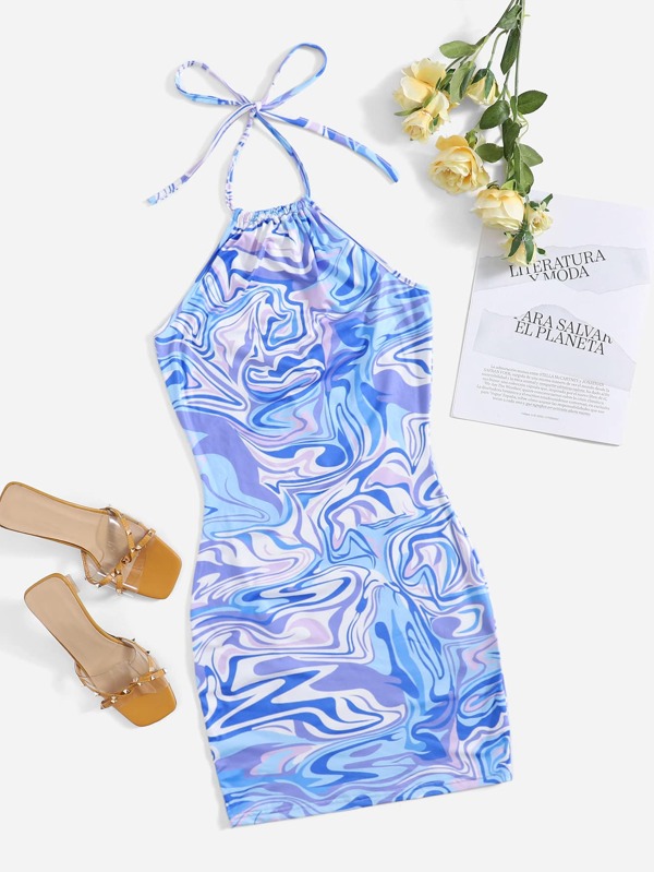 SHEIN ICON 90s Marble Print Ruched Halter Dress | SHEIN UK
