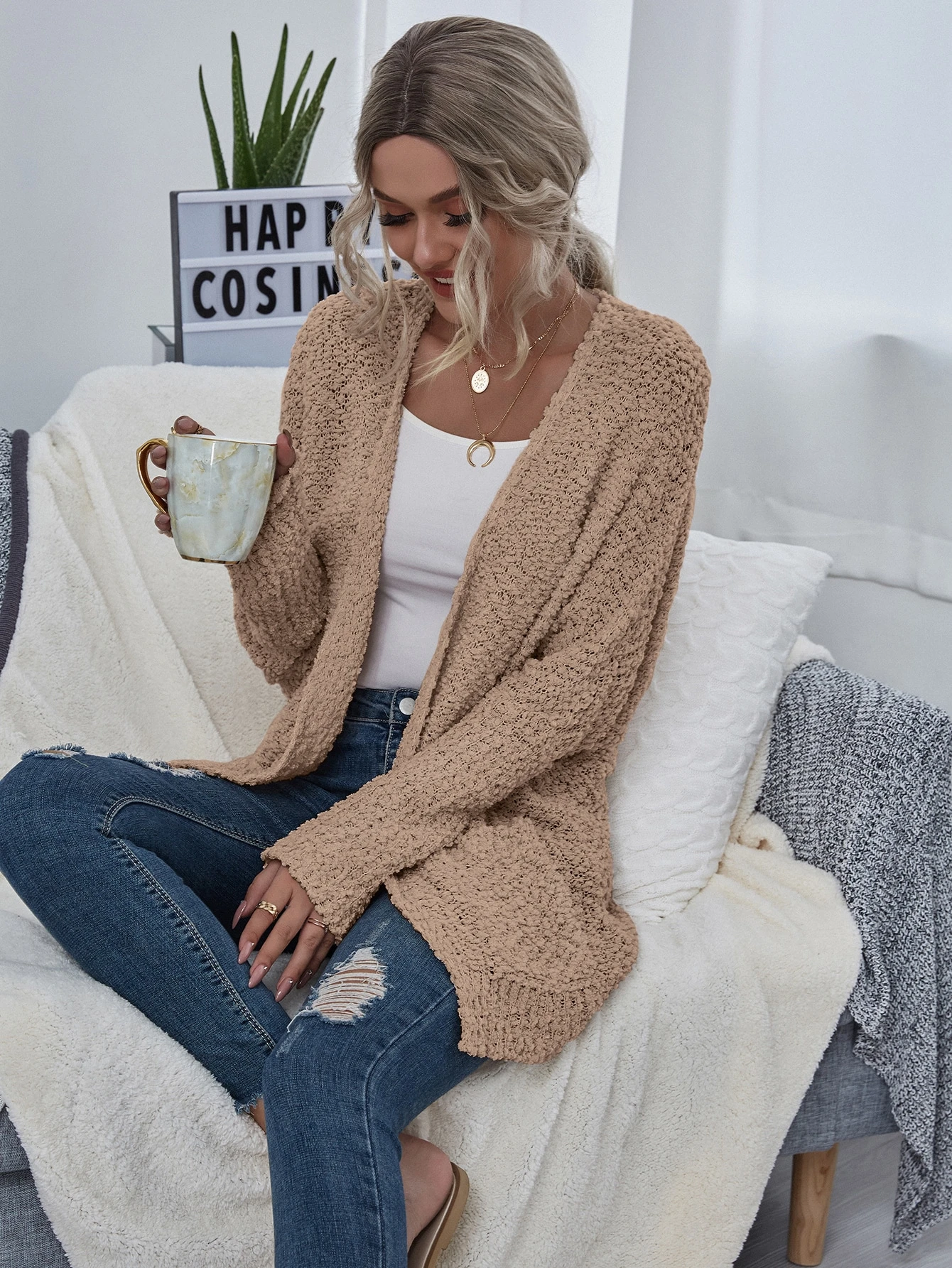 Open Front Popcorn Knit Cardigan | SHEIN USA